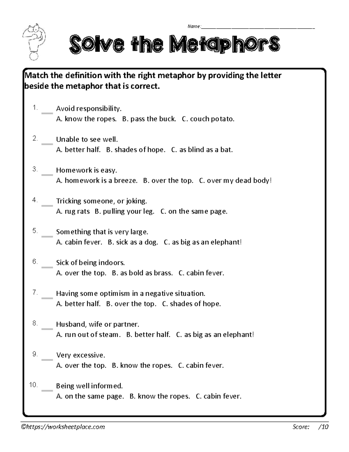 Metaphor Worksheet: Match Definitions to Correct Metaphors - Studocu