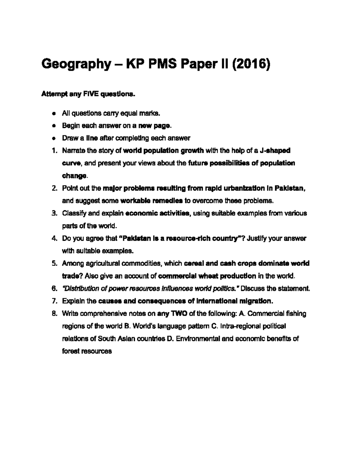 Geography KP PMS Paper II (2016) Exam Questions & Insights - Studocu