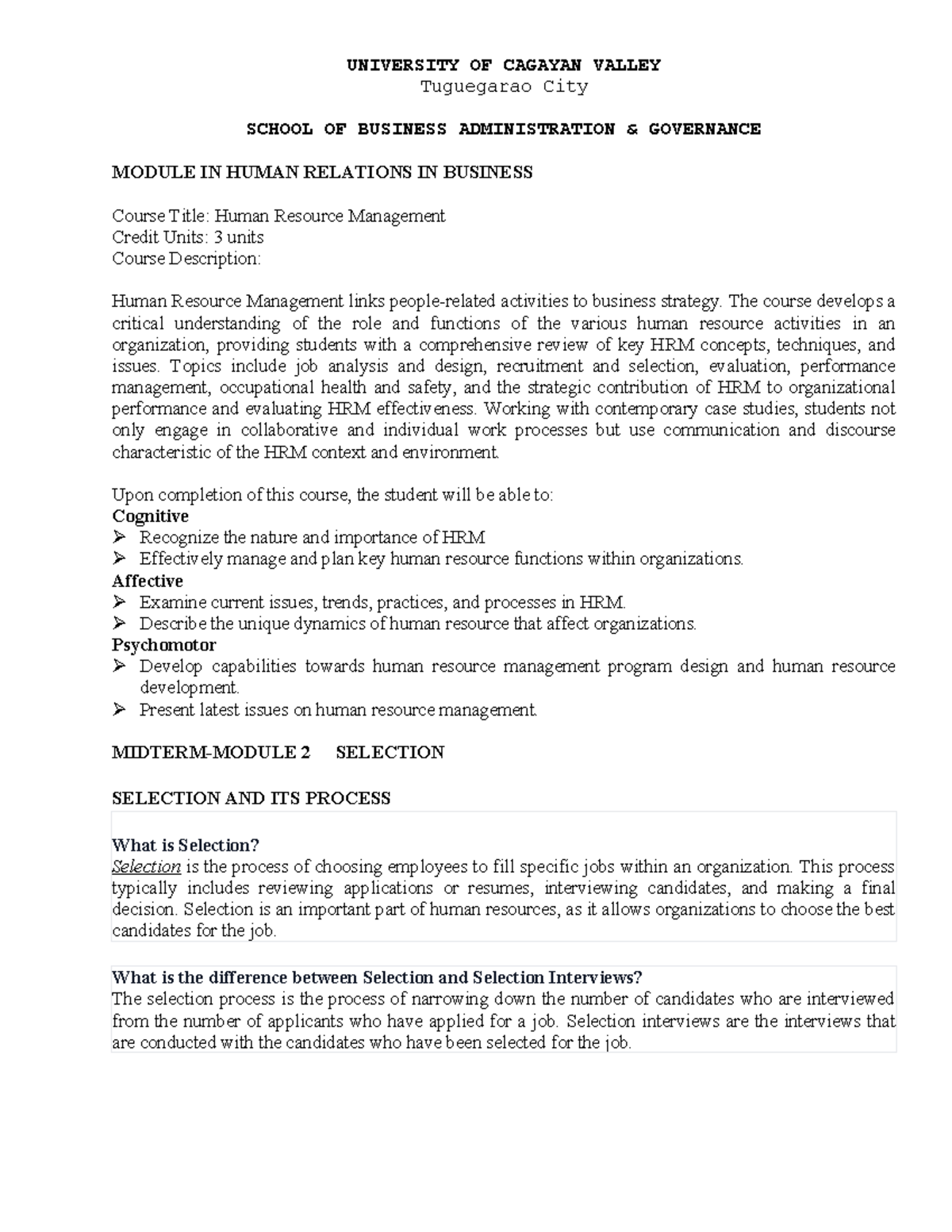 HRM 101: Midterm Module on Effective Selection Processes - Studocu