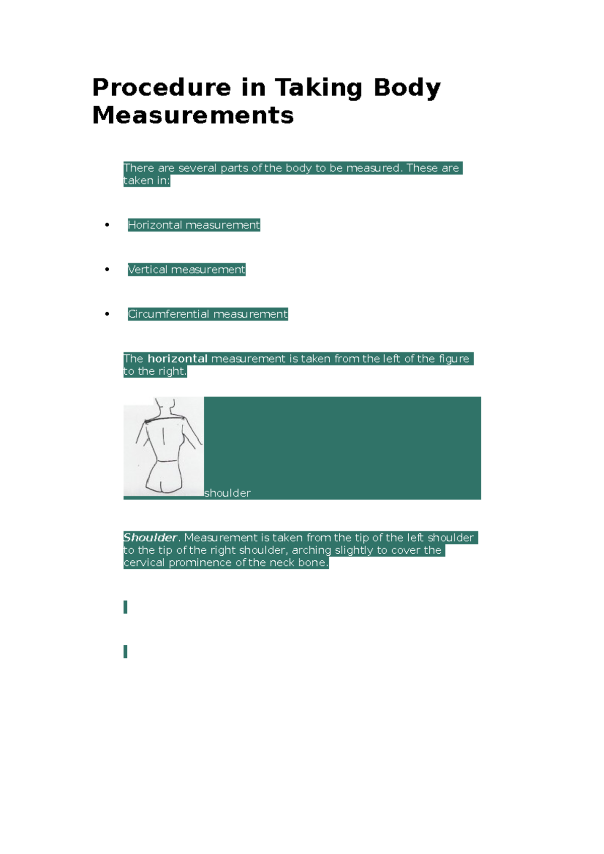 Procedure for Taking Accurate Body Measurements (Lesson 2) - Studocu