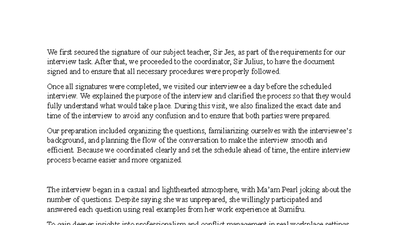 Narrative Report: Interview Insights on Professionalism - Essay - Studocu
