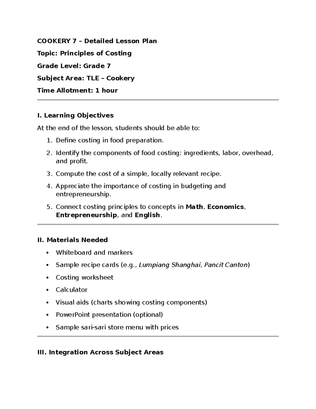 COOKERY 7 Detailed Lesson Plan: Principles of Costing - Studocu