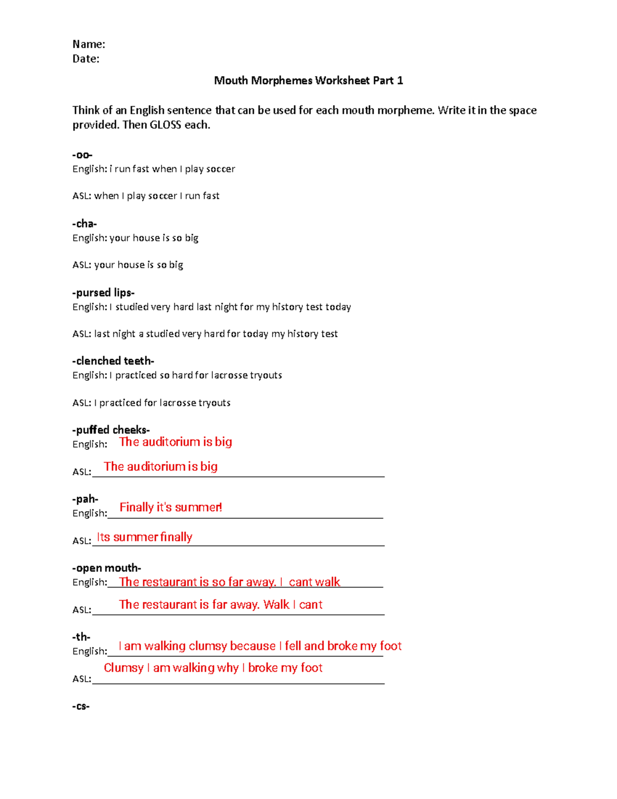 Mouth Morphemes Worksheet Part 1 - Grace Sullivan - Studocu