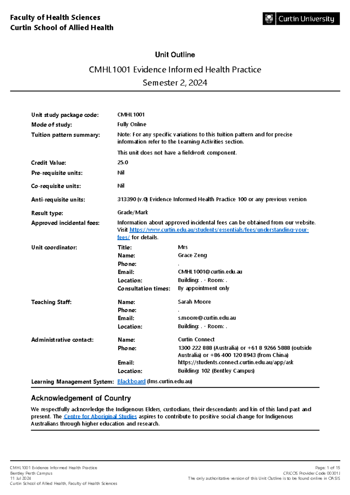 CMHL1001 Unit Outline: Evidence Informed Health Practice - Semester 2 ...