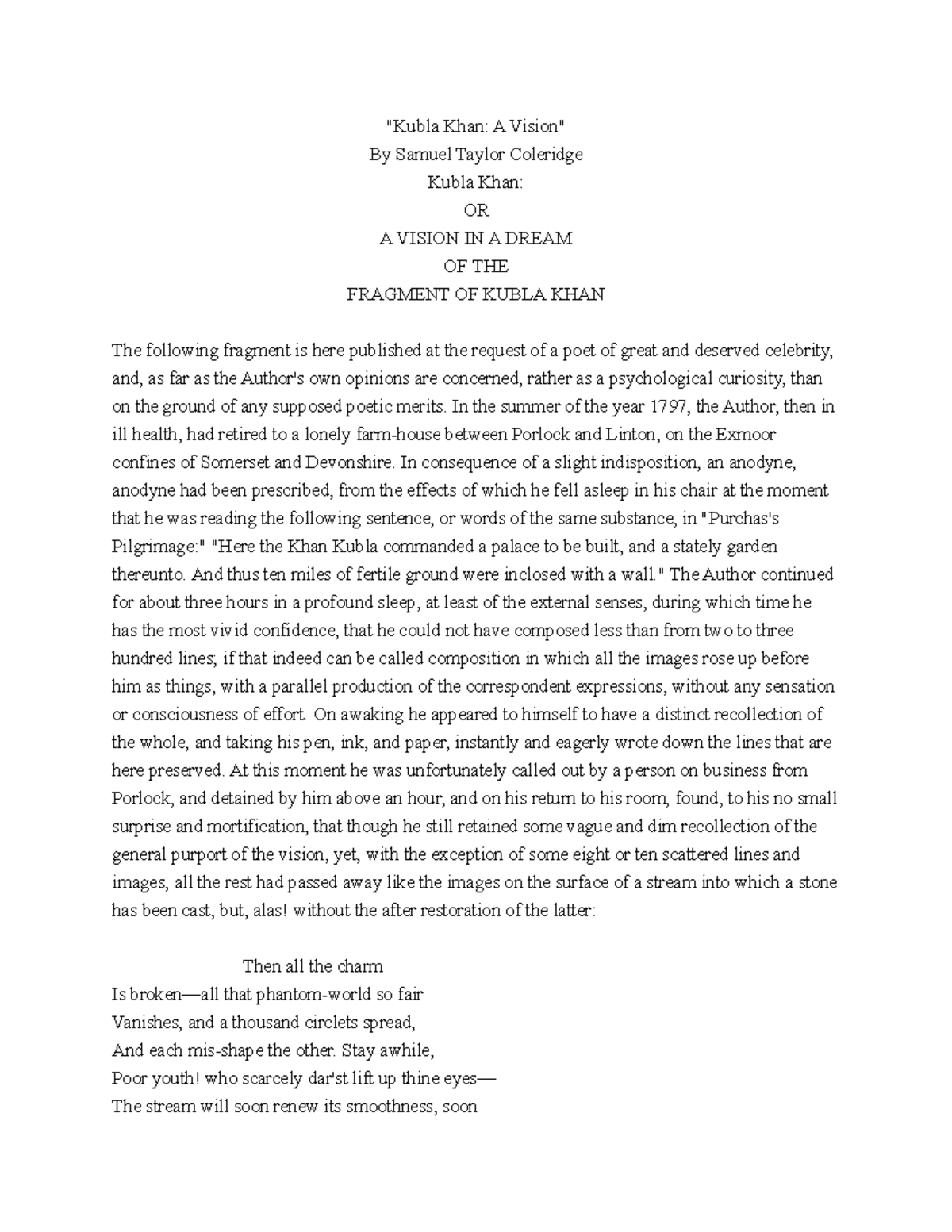 Kubla Khan: A Vision by Samuel Taylor Coleridge (Poetry Analysis) - Studocu