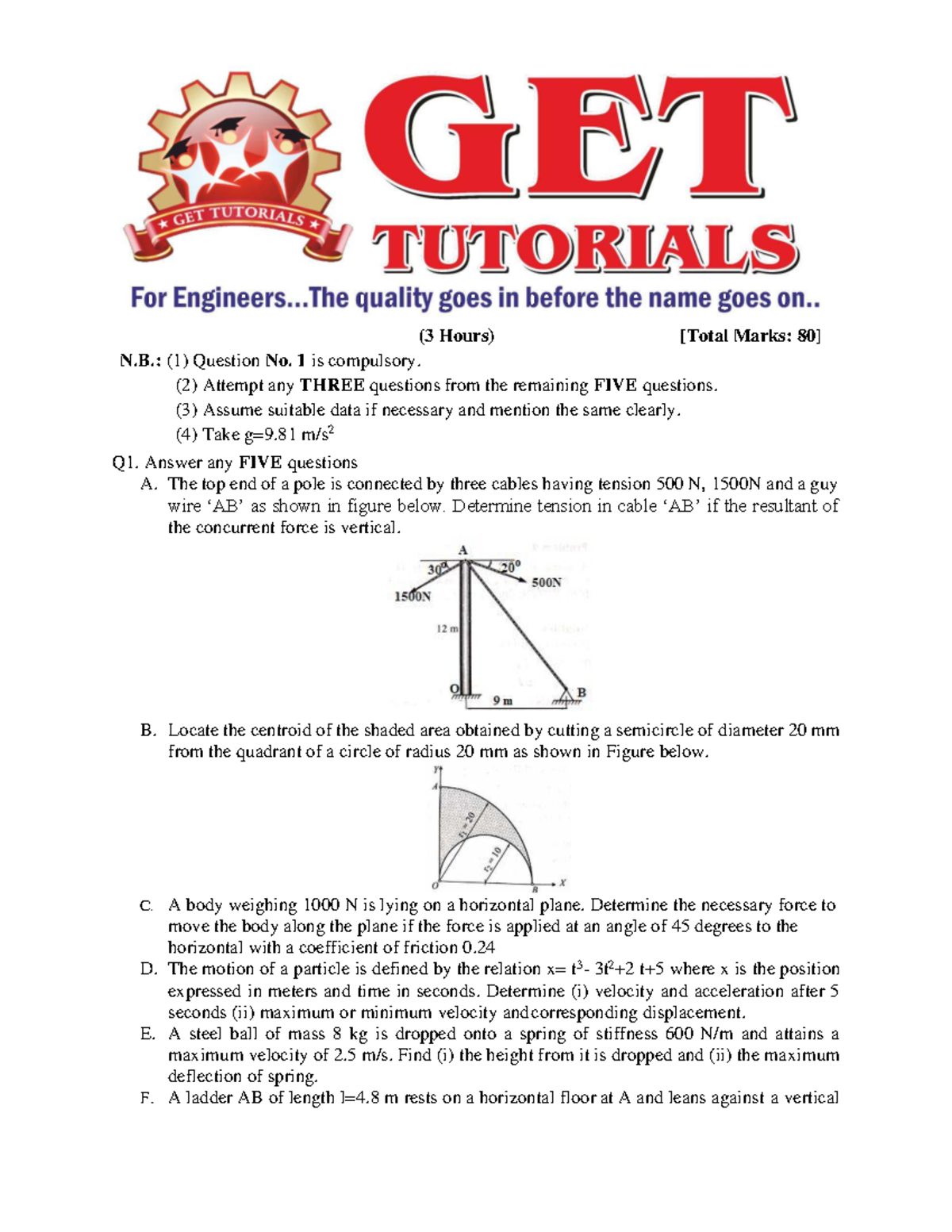 Engineering Mechanics: Problem Set for Course Code D9F75F26 - Studocu