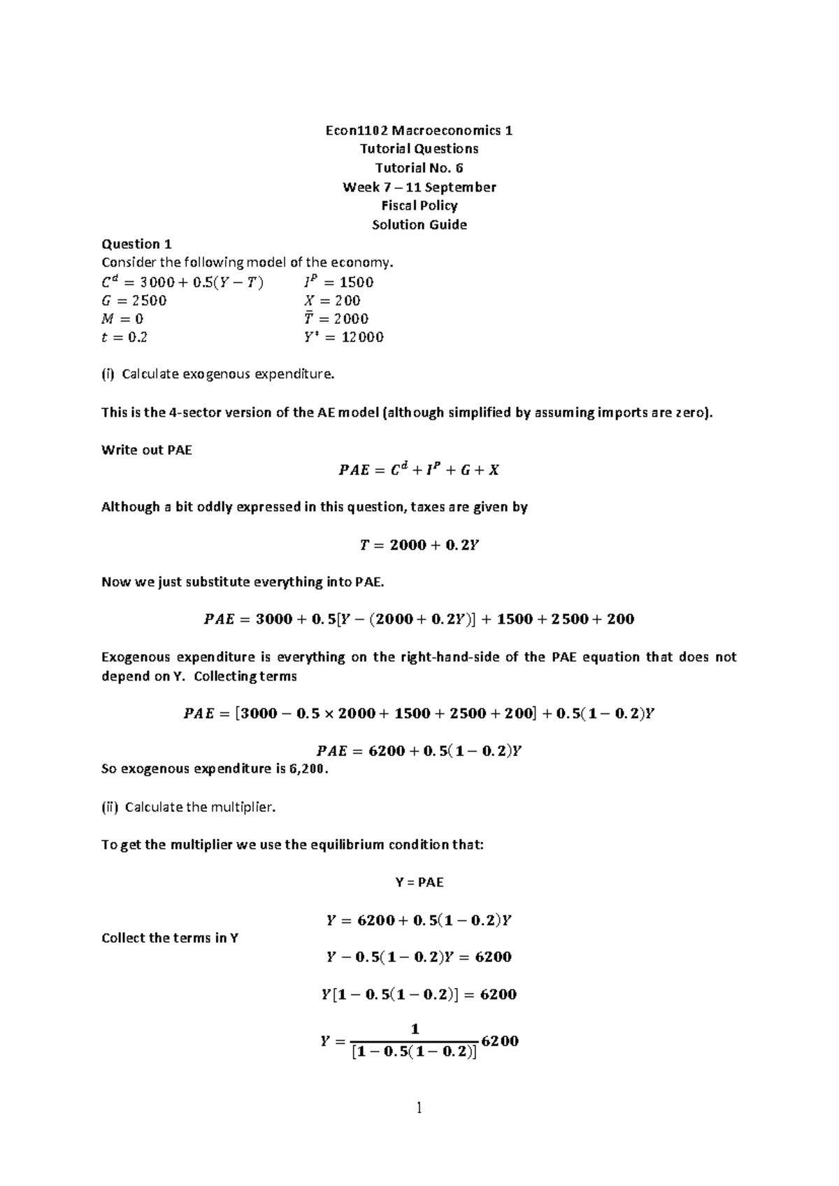 Tutorial No 6 Solution - Econ1102 Macroeconomics 1 Tutorial Questions ...