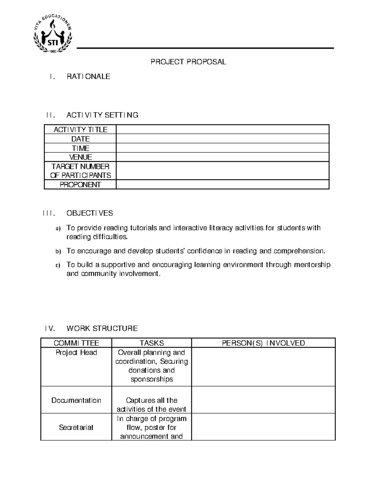 Project proposal for reading tutorials and literacy activities - Studocu