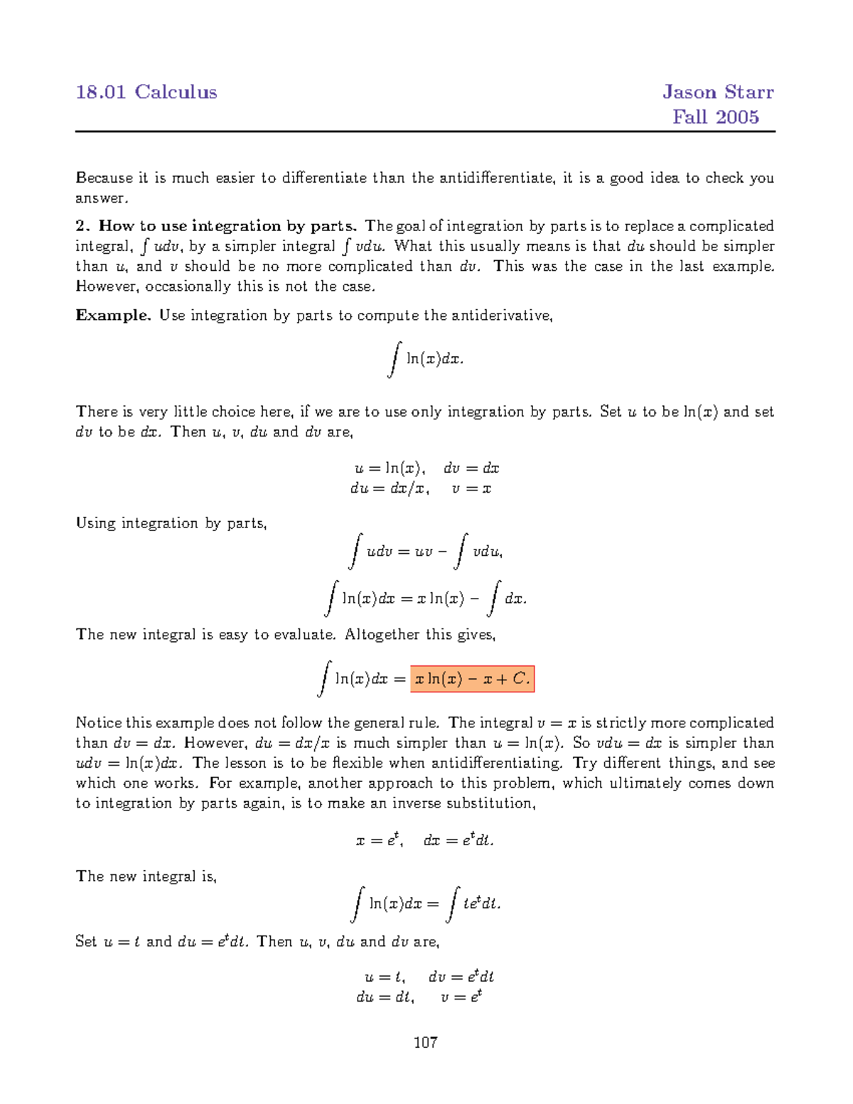 18.01 Calculus: Integration by Parts Explained - Fall 2005 - Studocu