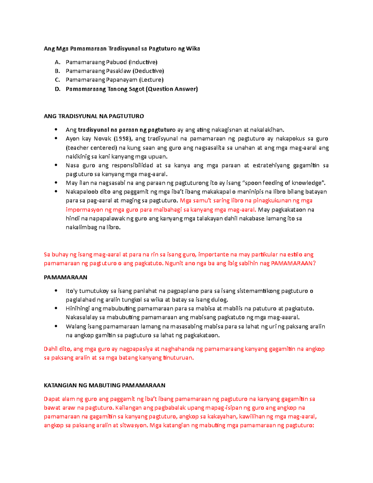 Ang Mga Pamamaraan Tradisyunal sa Pagtuturo ng Wika - Pamamaraang ...