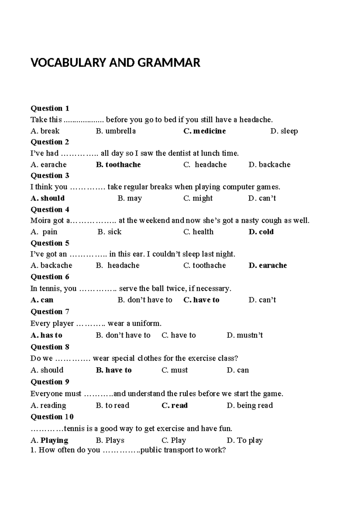 Vocabulary and Grammar Quiz: Practice Questions and Answers - Studocu