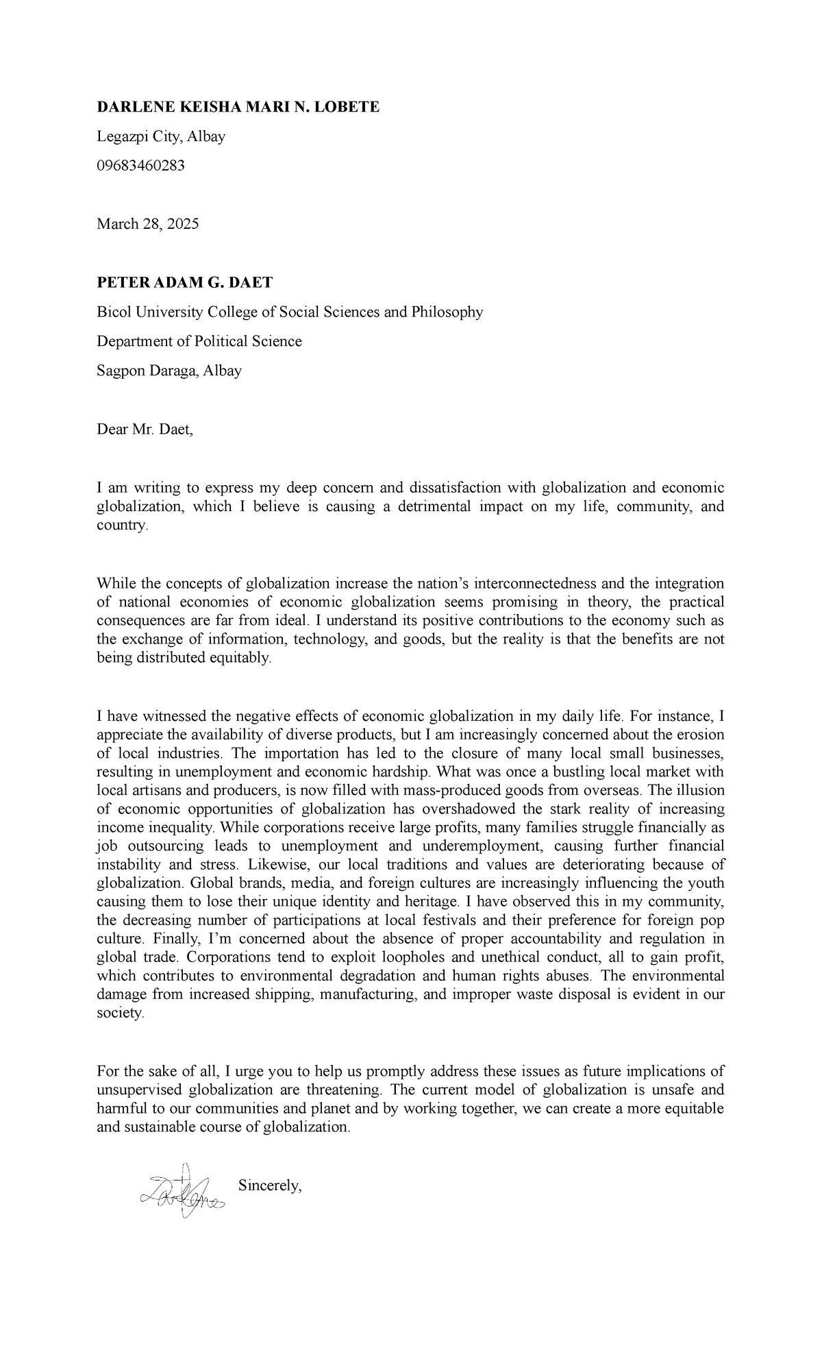 Political Science Letter: Concerns on Globalization Impact - Studocu