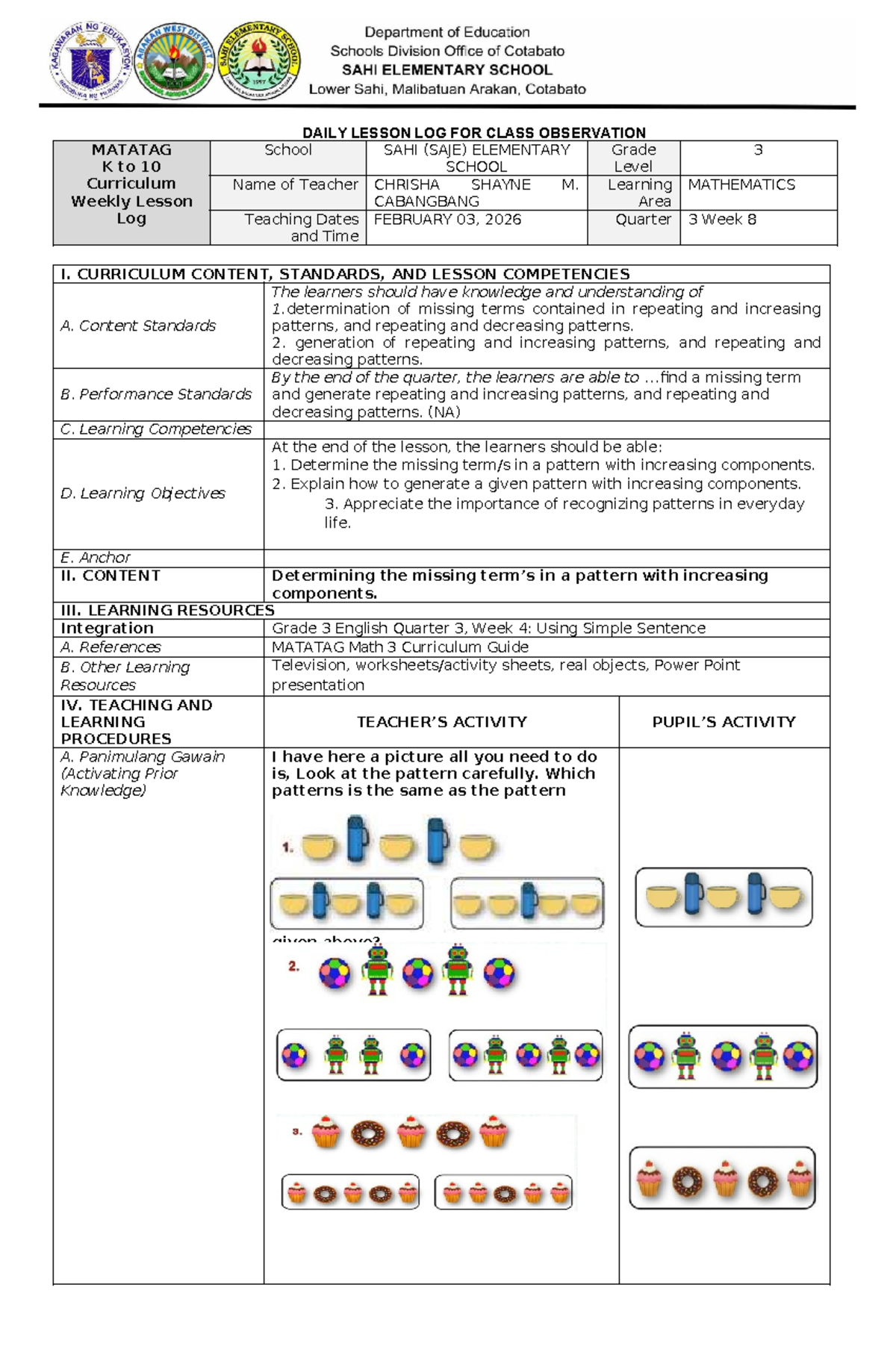 G3 MATHEMATICS Weekly Lesson Log: Patterns & Components - Studocu