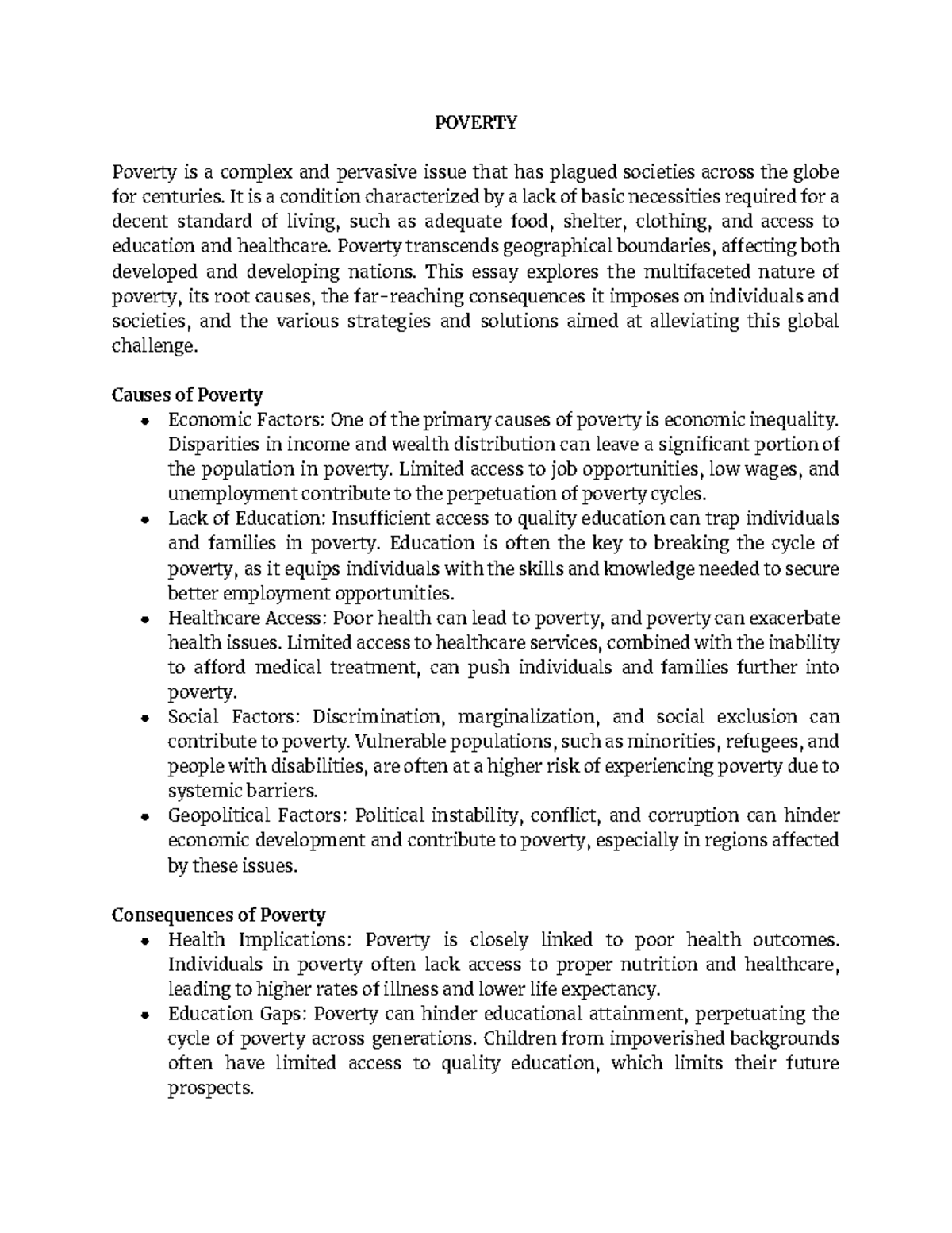 Poverty Essay: Exploring Causes, Impacts, and Solutions - Studocu