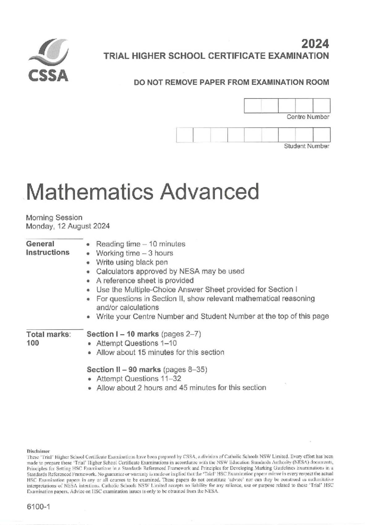 2024 CSSA Mathematics Advanced Trial Exam - Question Paper - Studocu