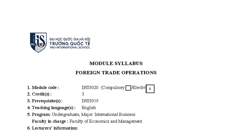 Syllabus 2023: INS3020 Foreign Trade Operations Module - Studocu