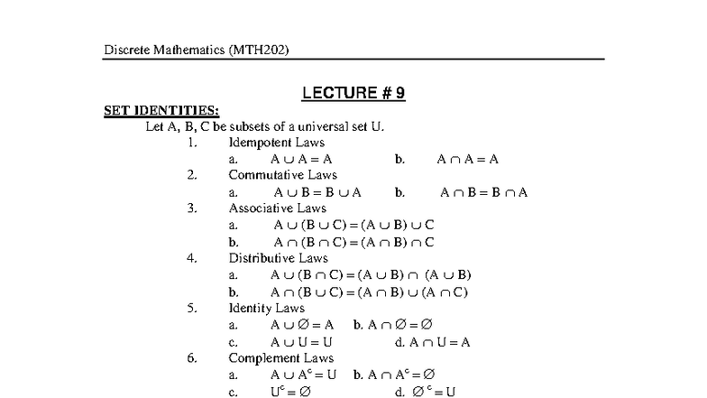 Discrete Mathematics (MTH202) Lecture 9: Set Identities and Laws - Studocu