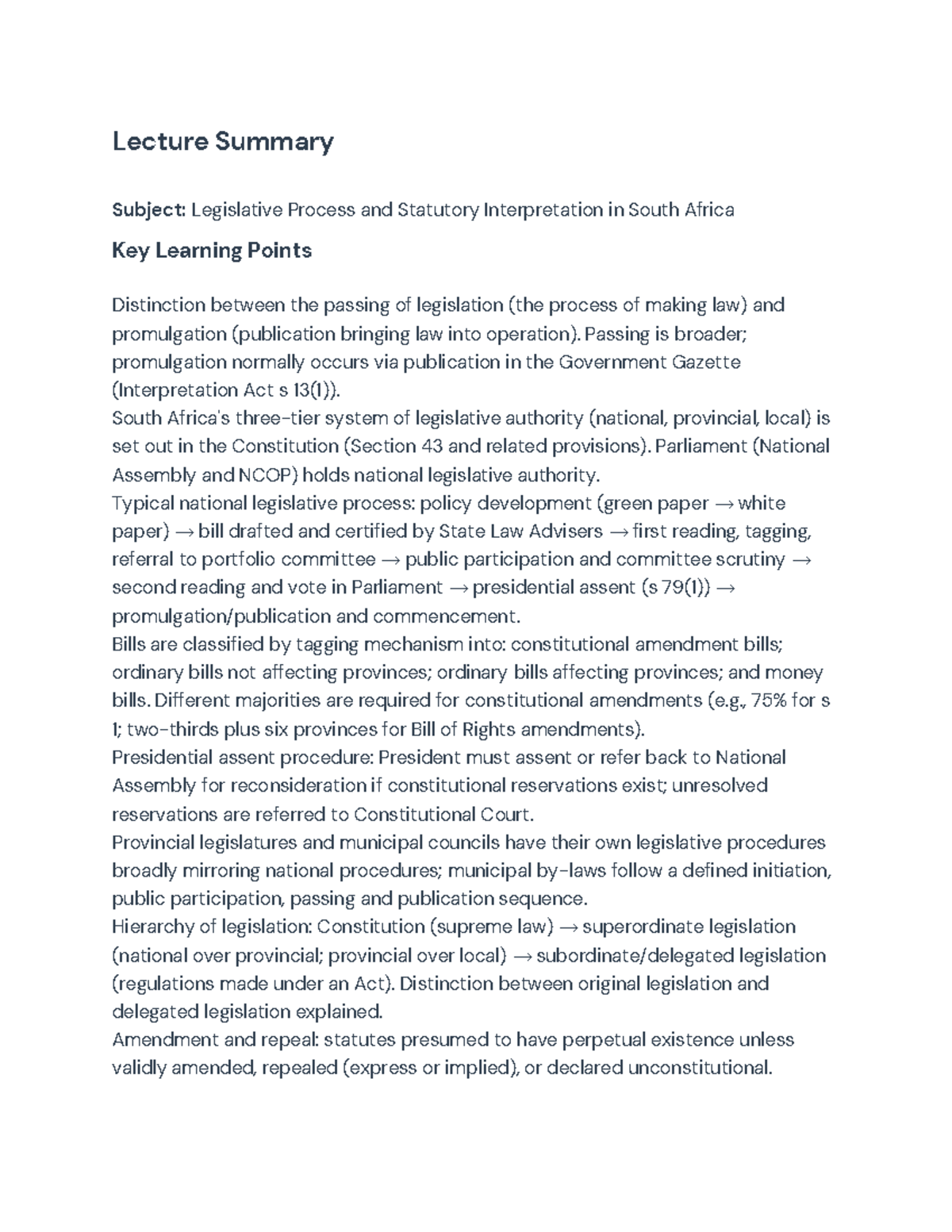 Lecture Summary: Legislative Process in South Africa - Studocu