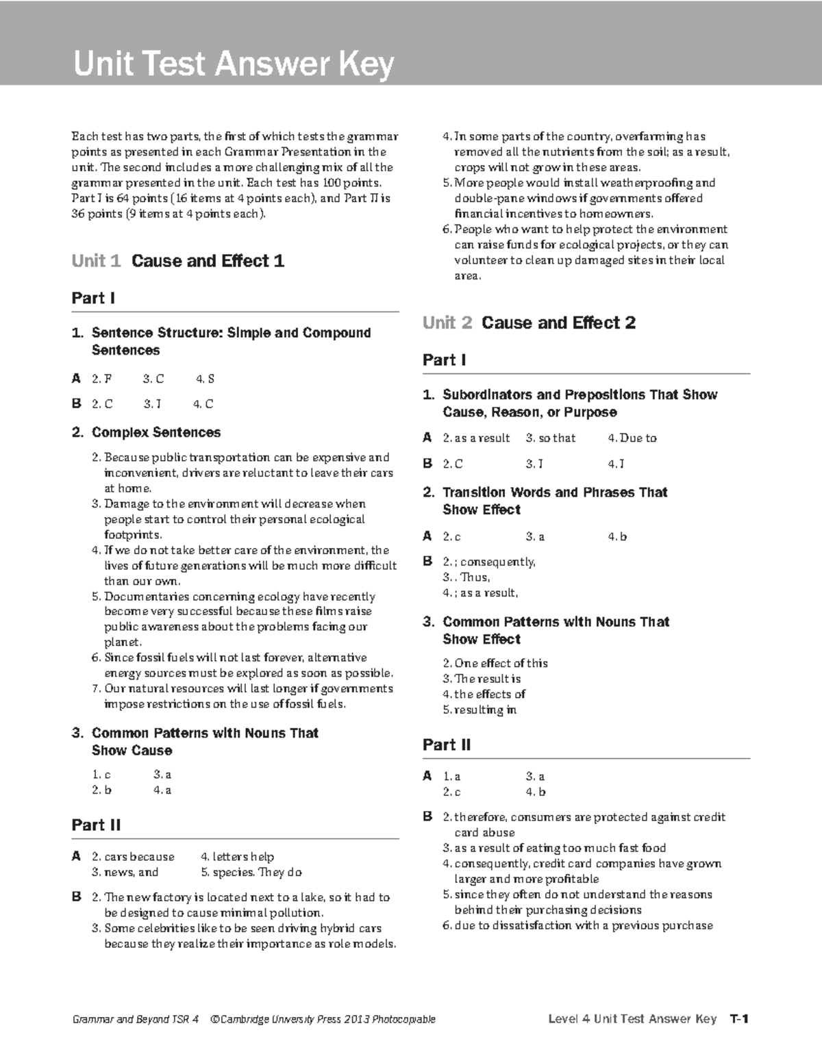 Answer Key: Grammar and Beyond Level 4 Unit Test Summary - Studocu