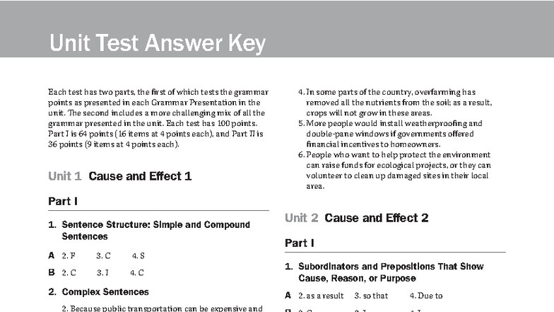 Answer Key: Grammar and Beyond Level 4 Unit Test Summary - Studocu