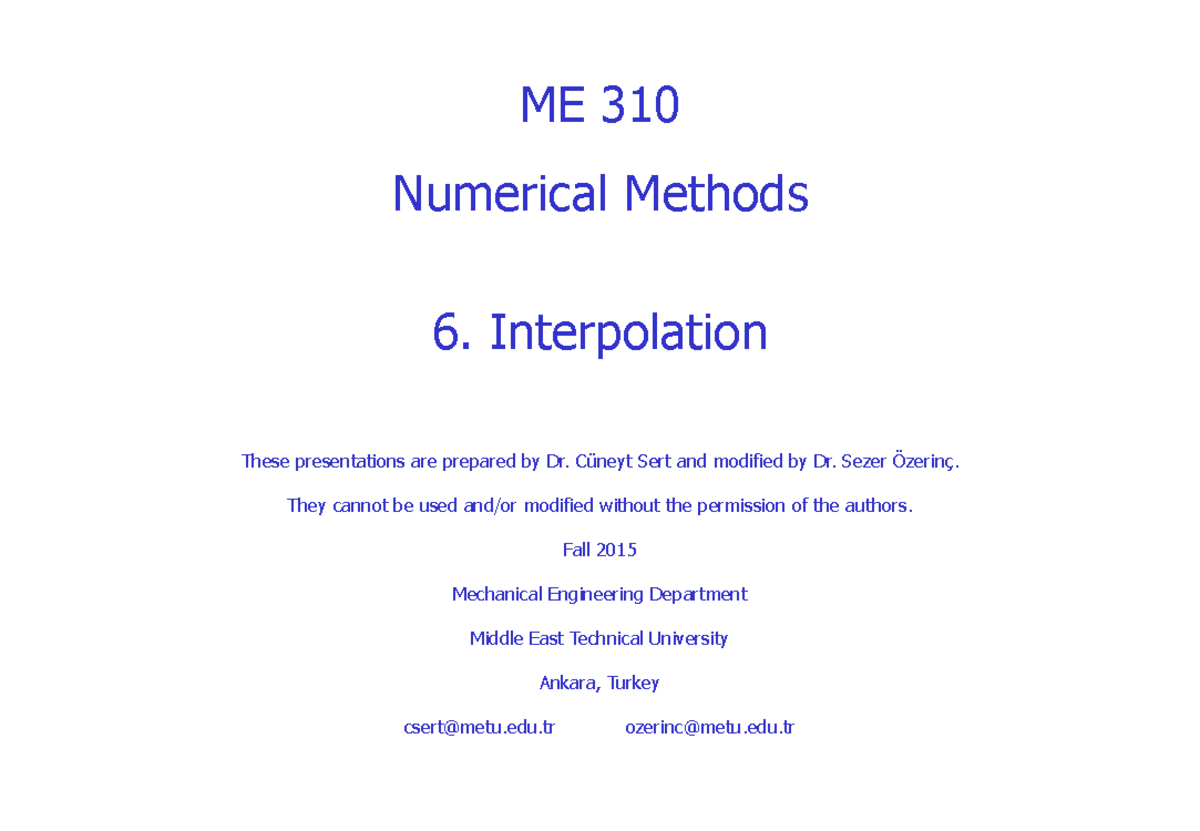 ME 310 Lecture Notes: Interpolation in Numerical Methods - Studocu