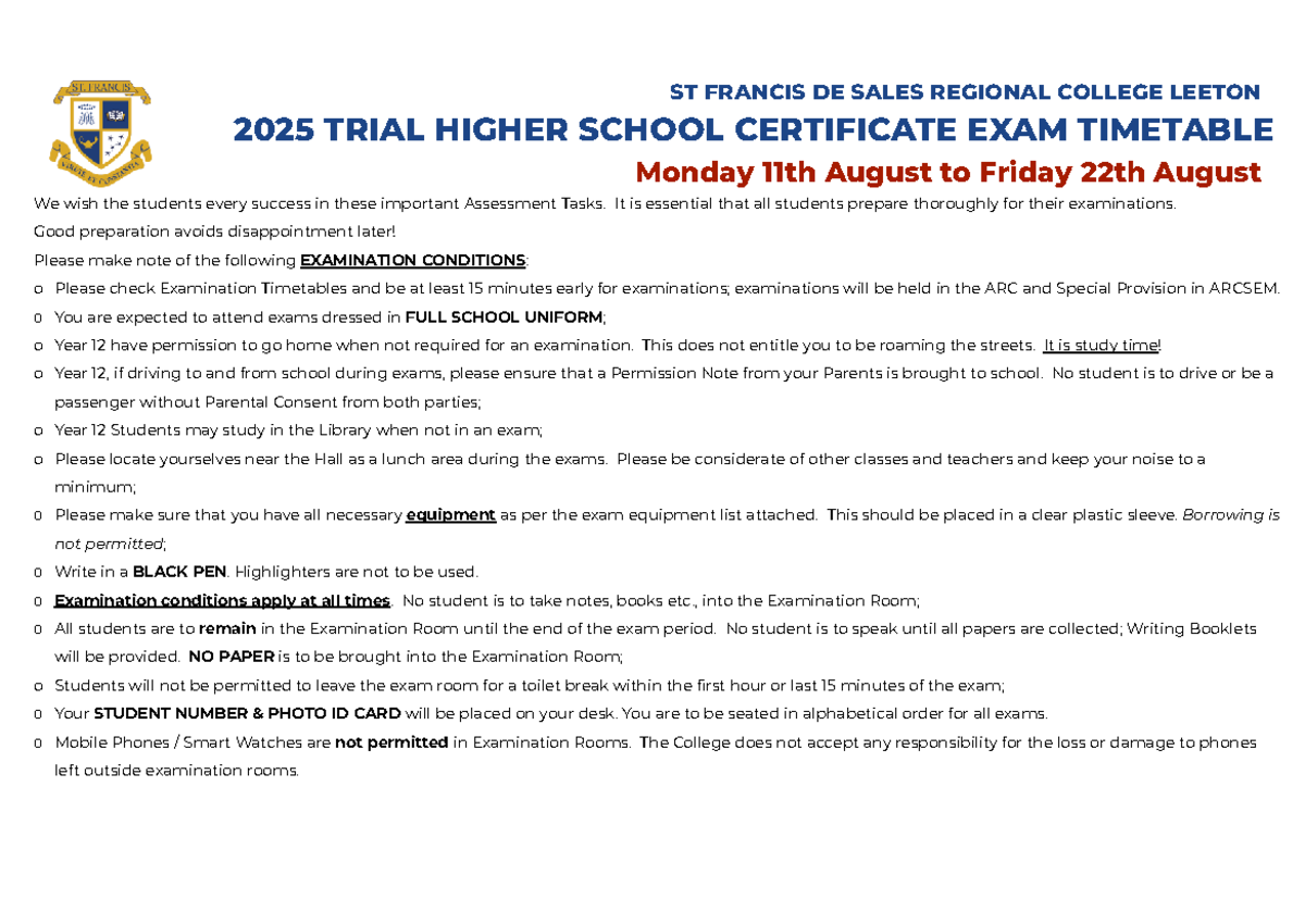 2025 Trial HSC Exam Timetable for St Francis de Sales College - Studocu