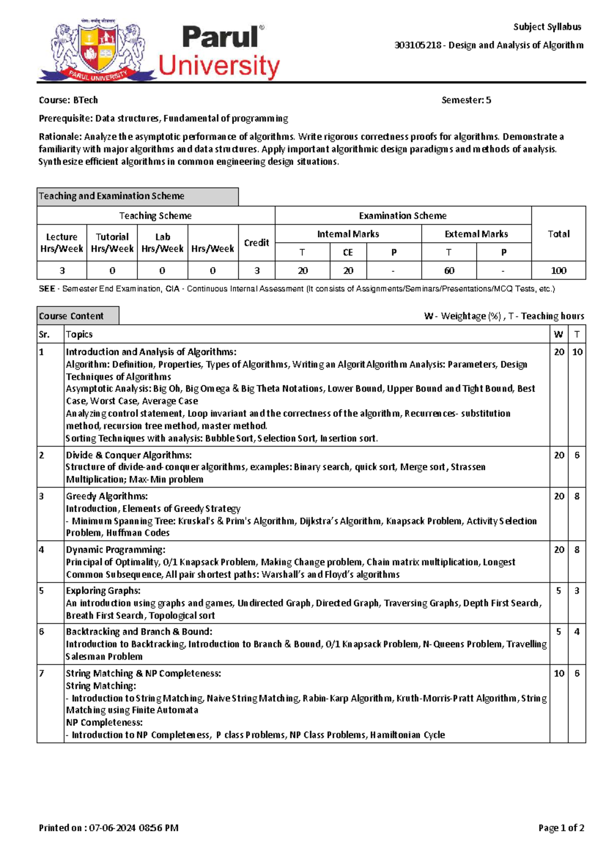 DAA Syllabus 303105218: Design and Analysis of Algorithms for BTech Sem ...