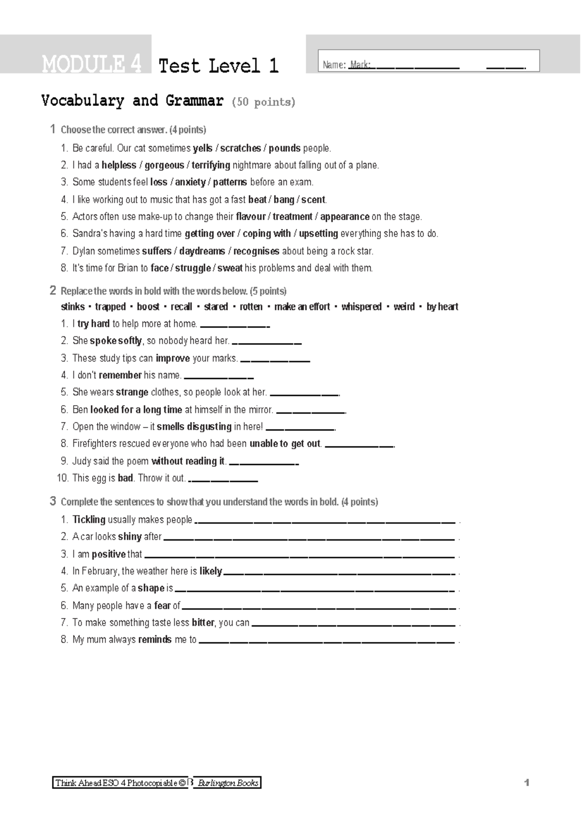 Think Ahead 4 Module 4 Test Level 1 Vocabulary & Grammar Challenge ...