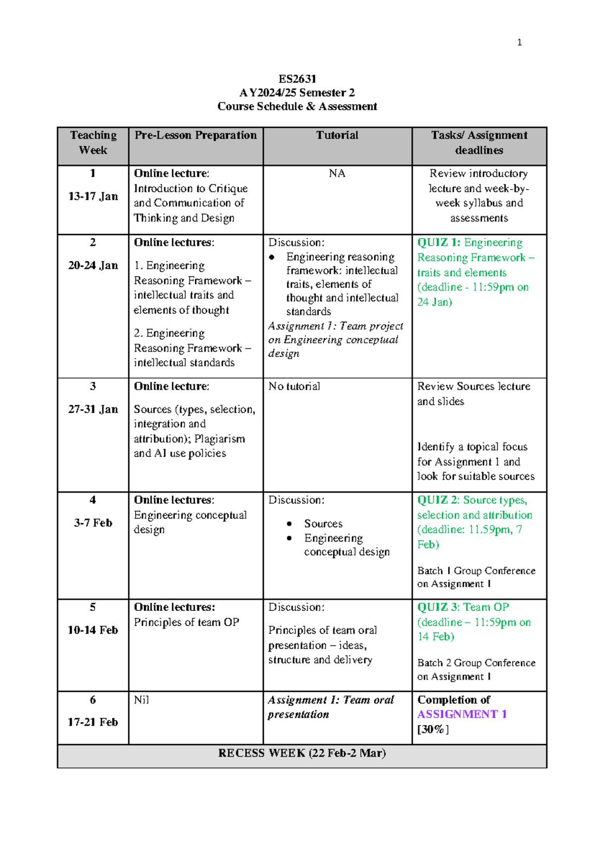 ES2631 Semester 2 Course Schedule & Assessment Overview - Studocu