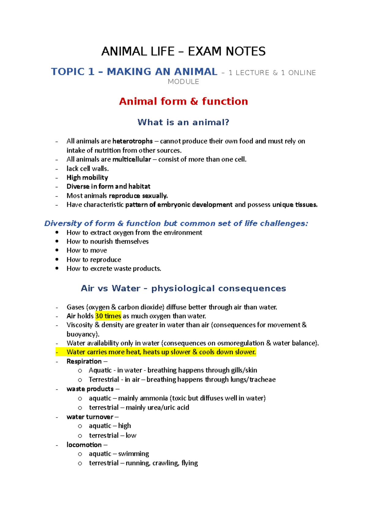 BIO1APM - Animal Life-exam notes - ANIMAL LIFE – EXAM NOTES TOPIC 1 ...