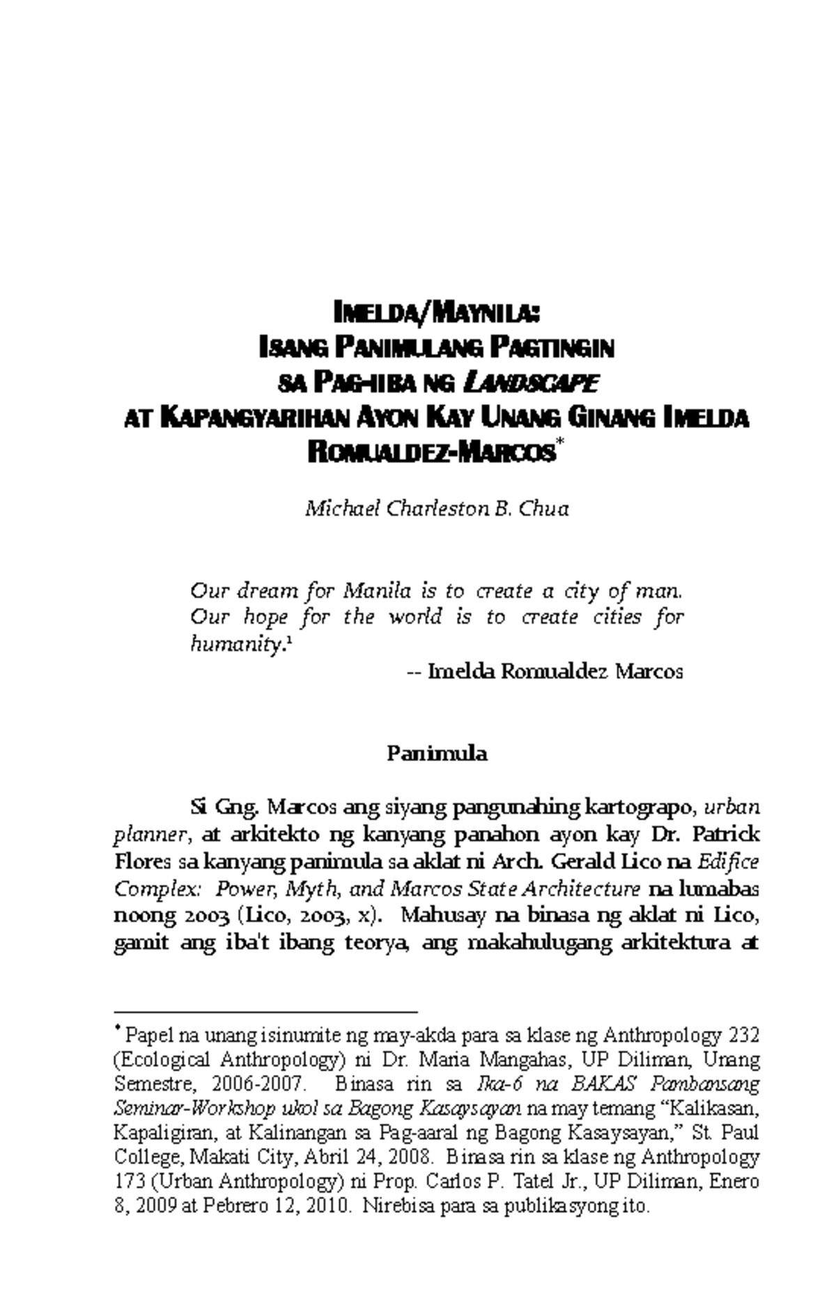 Papel para sa Kurso ng ANTH 232: Imeldific Urban Design and Power ...