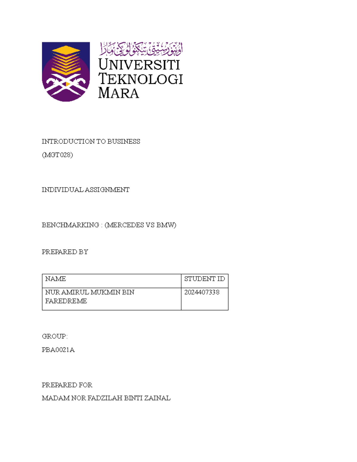 Individual Assignment: Benchmarking Mercedes vs BMW (MGT028) - Studocu
