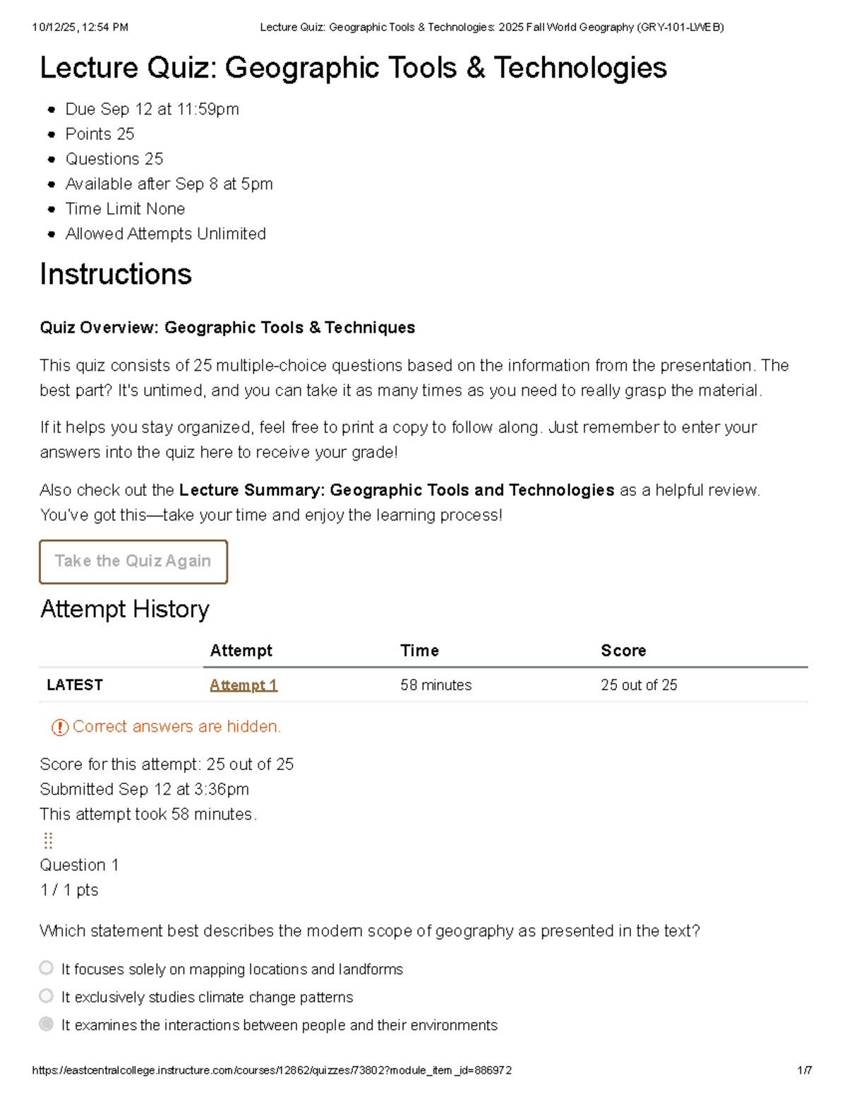 GRY-101-LWEB Fall 2025 Lecture Quiz: Geographic Tools & Technologies ...