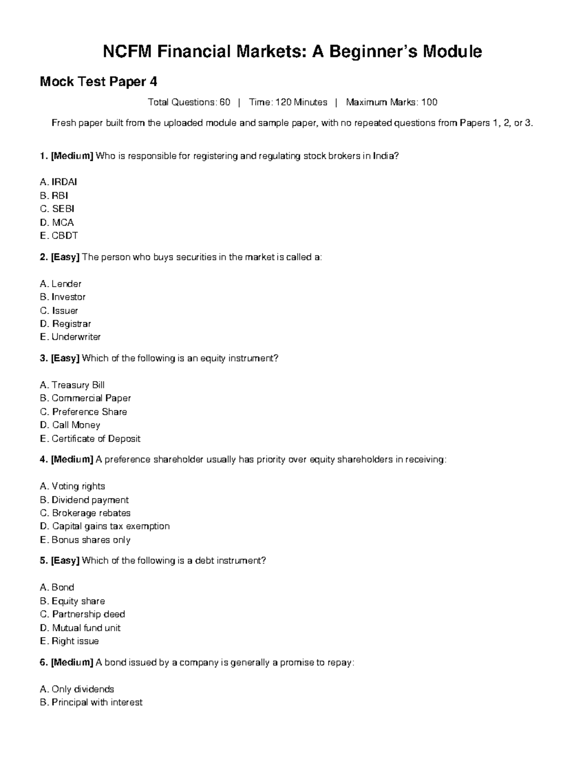 NCFM Financial Markets Mock Test Paper 4: 60 Questions with Answers ...