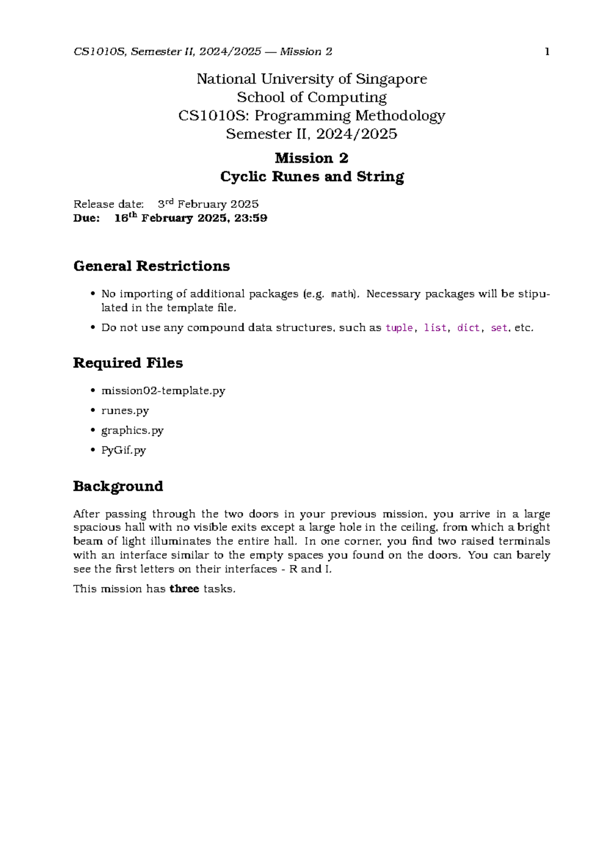 CS1010S: Mission 2 - Cyclic Runes & String Tasks Overview - Studocu