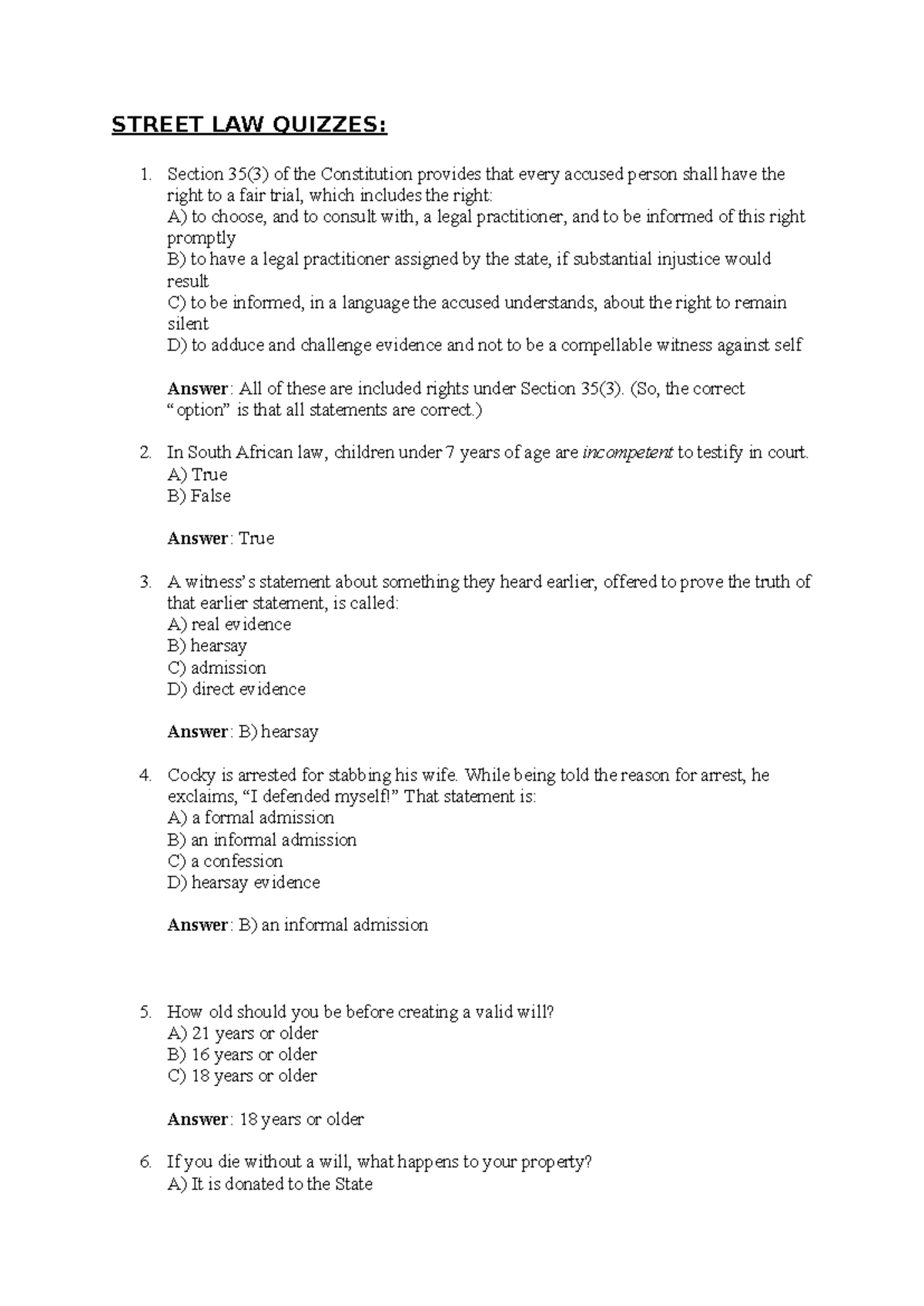 Street LAW QUIZZES: Rights and Legal Principles Explained - Studocu