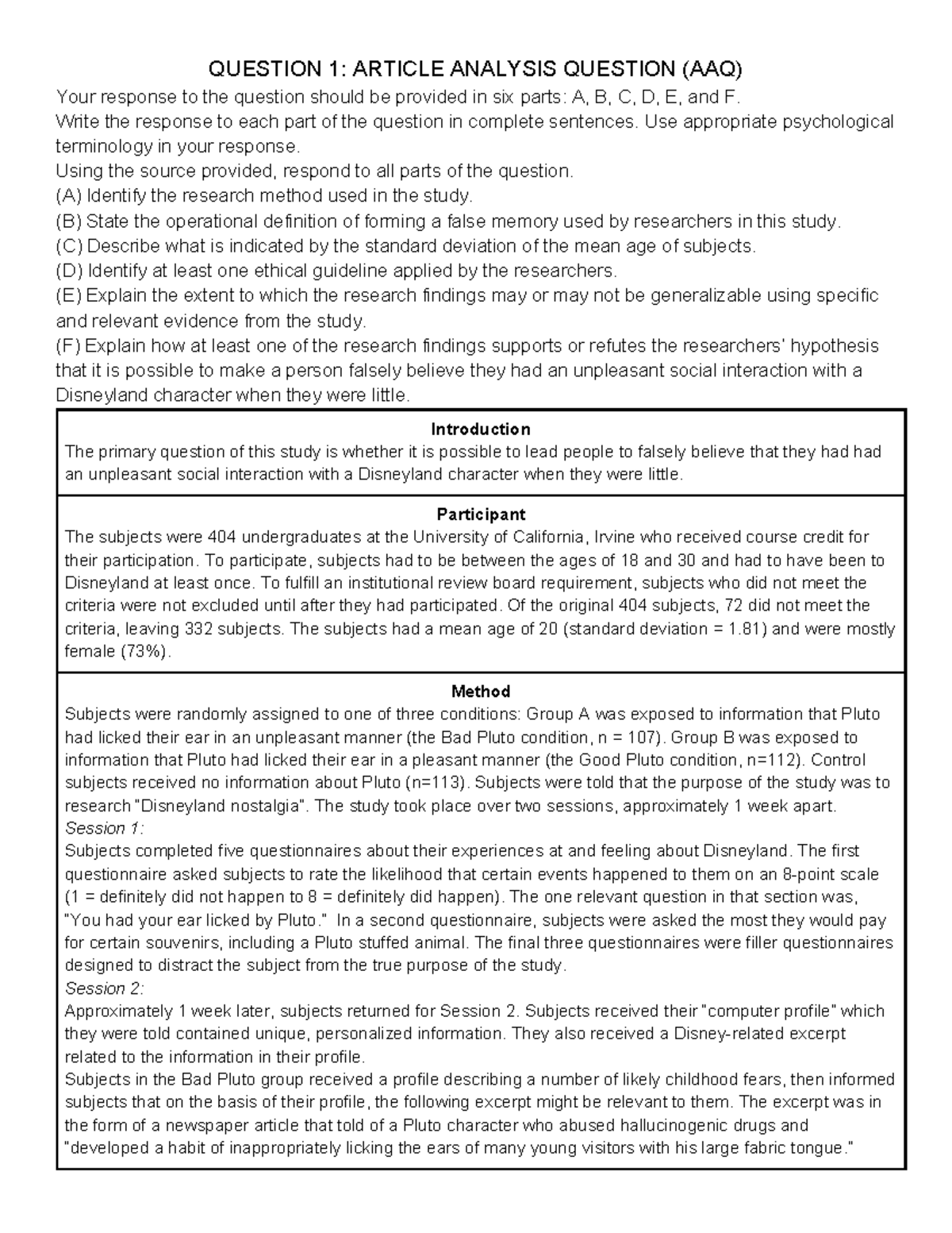 AAQ Article Analysis: False Memories in Disneyland Study - Studocu