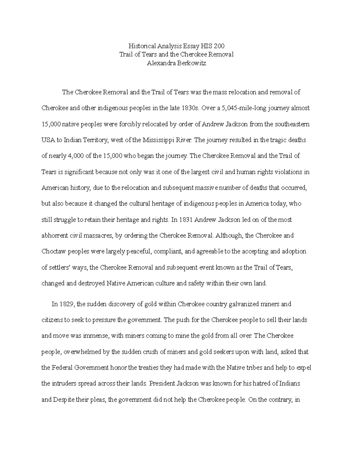 Alexandra Berkowitz. Essay - Historical Analysis Essay HIS 200 Trail of ...