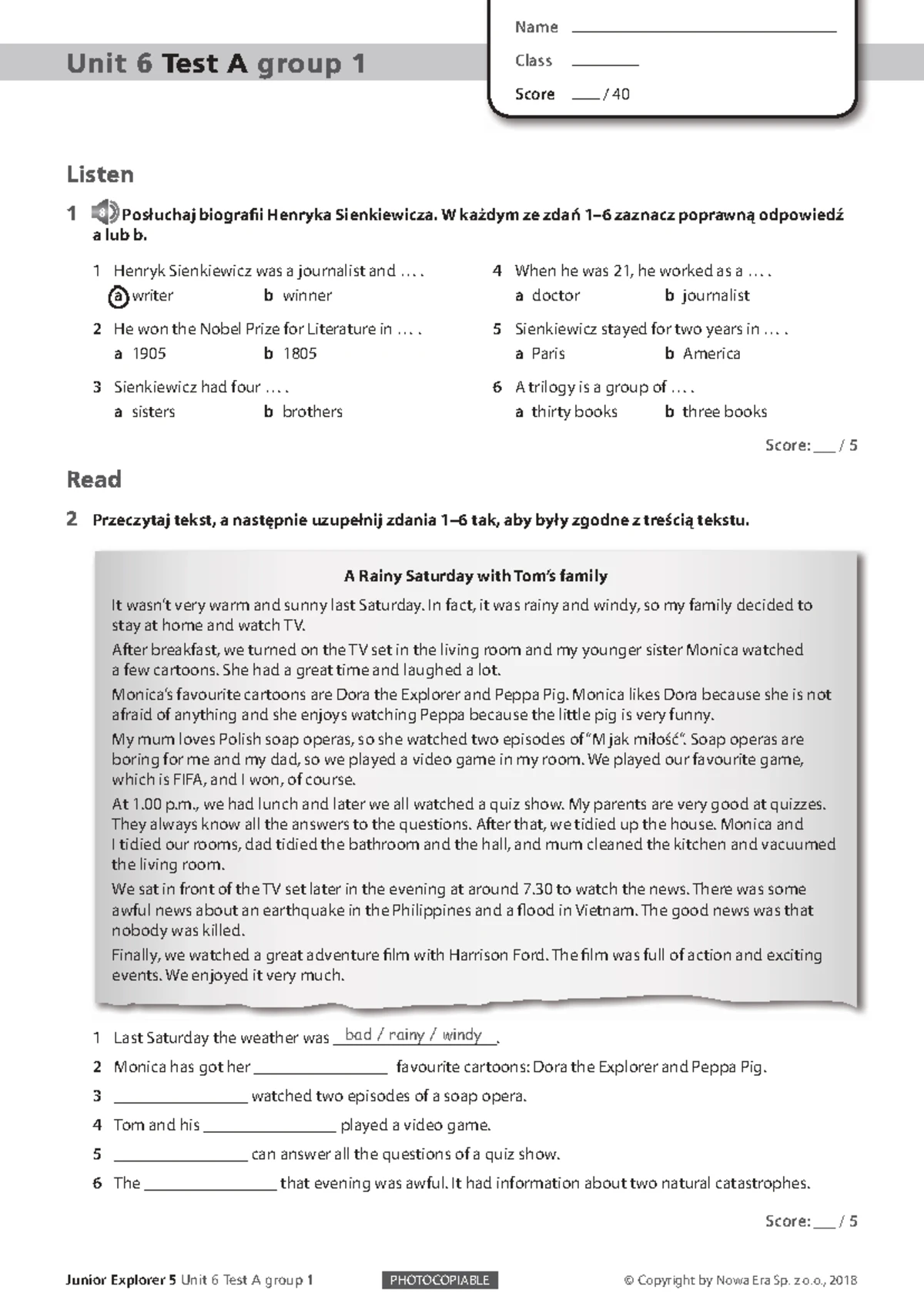 Junior Explorer 4 Unit 6 Test B - Listening, Reading, Vocabulary ...