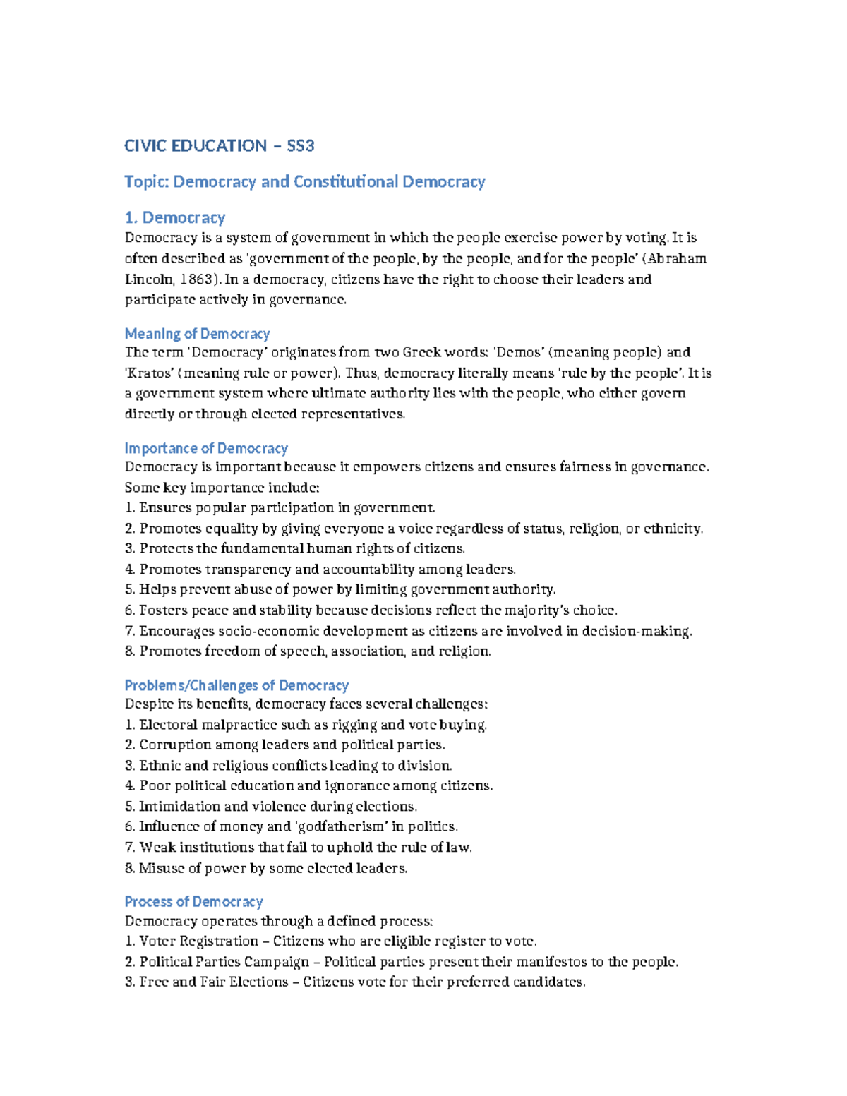 Democracy and Constitutional Democracy SS3: Key Concepts and Importance ...