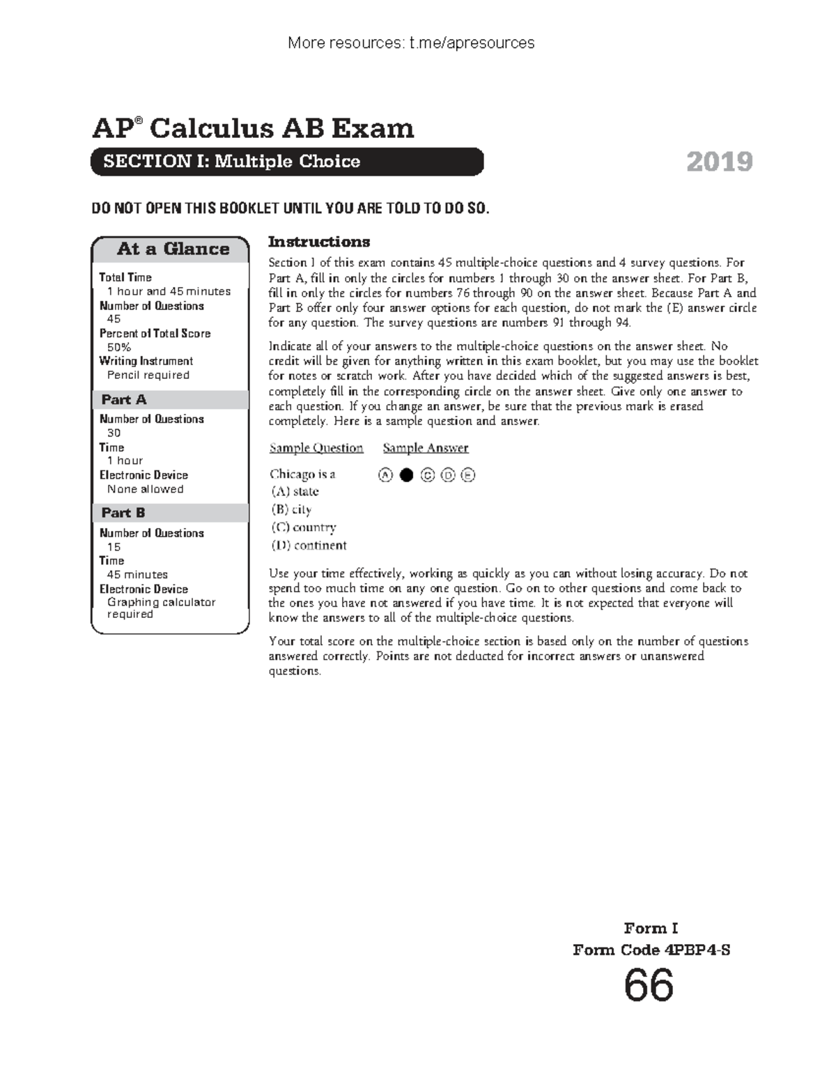 AP Calculus AB Exam 2019 Practice Test: Multiple Choice Section I - Studocu