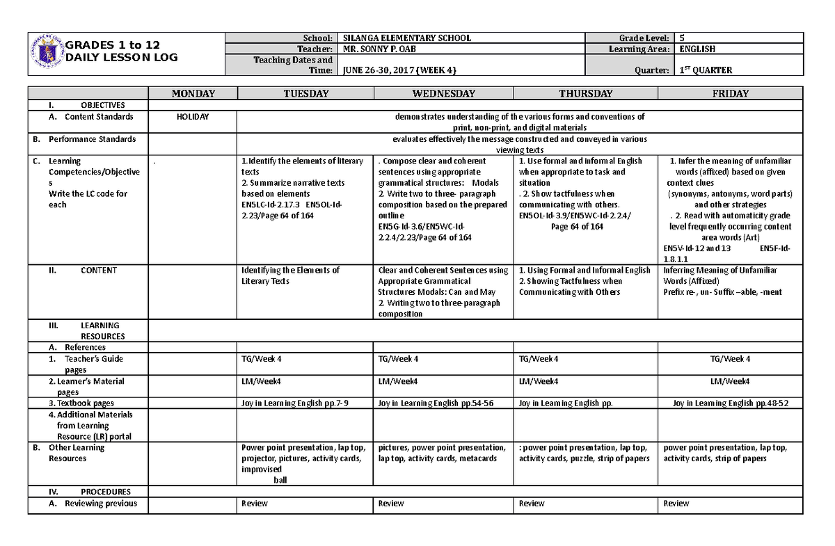 DLL English 5 Q1 W4 - DAILY LESSON LOG - GRADES 1 to 12 DAILY LESSON LOG School: SILANGA ...