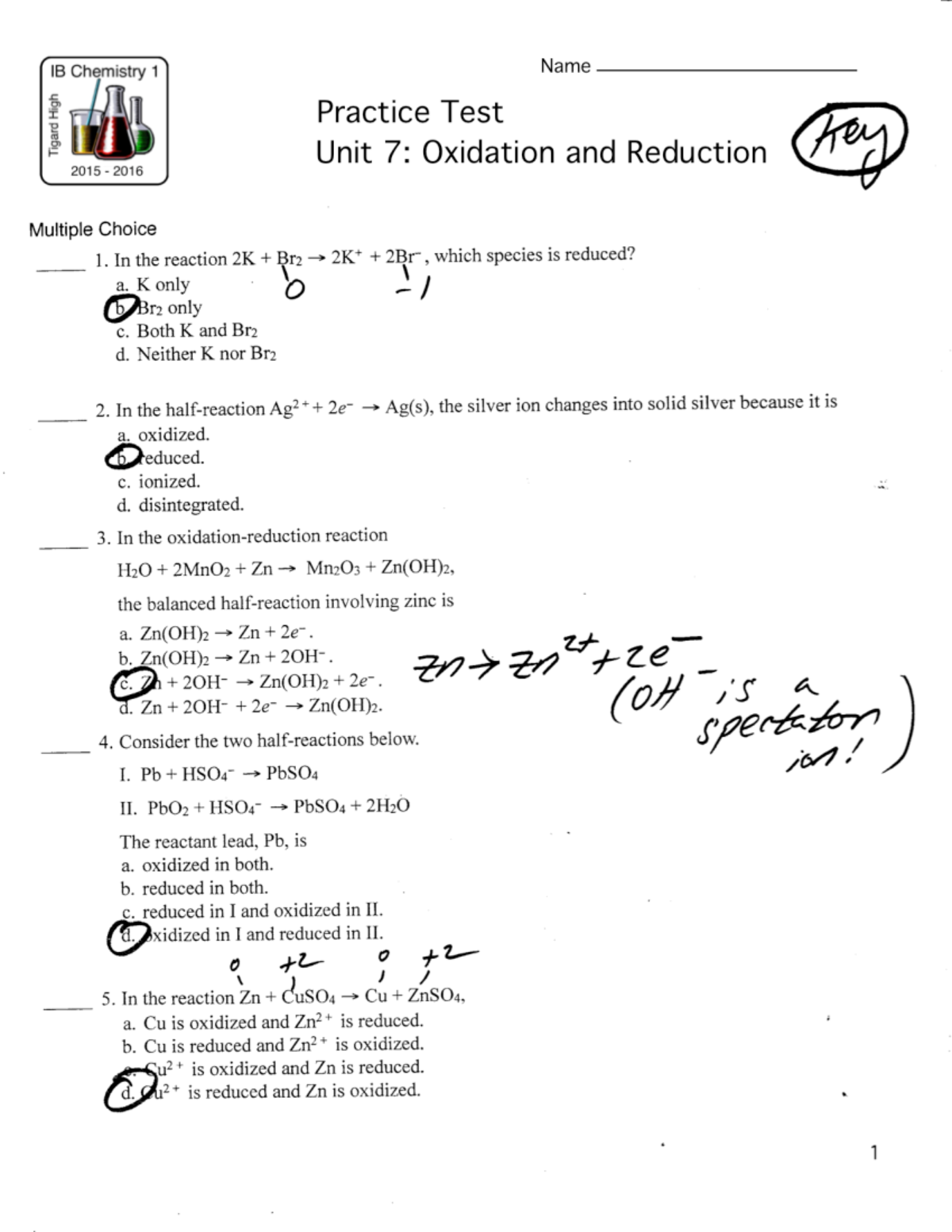IB Chemistry Practice Test: Redox Reactions and Key Concepts - Studocu