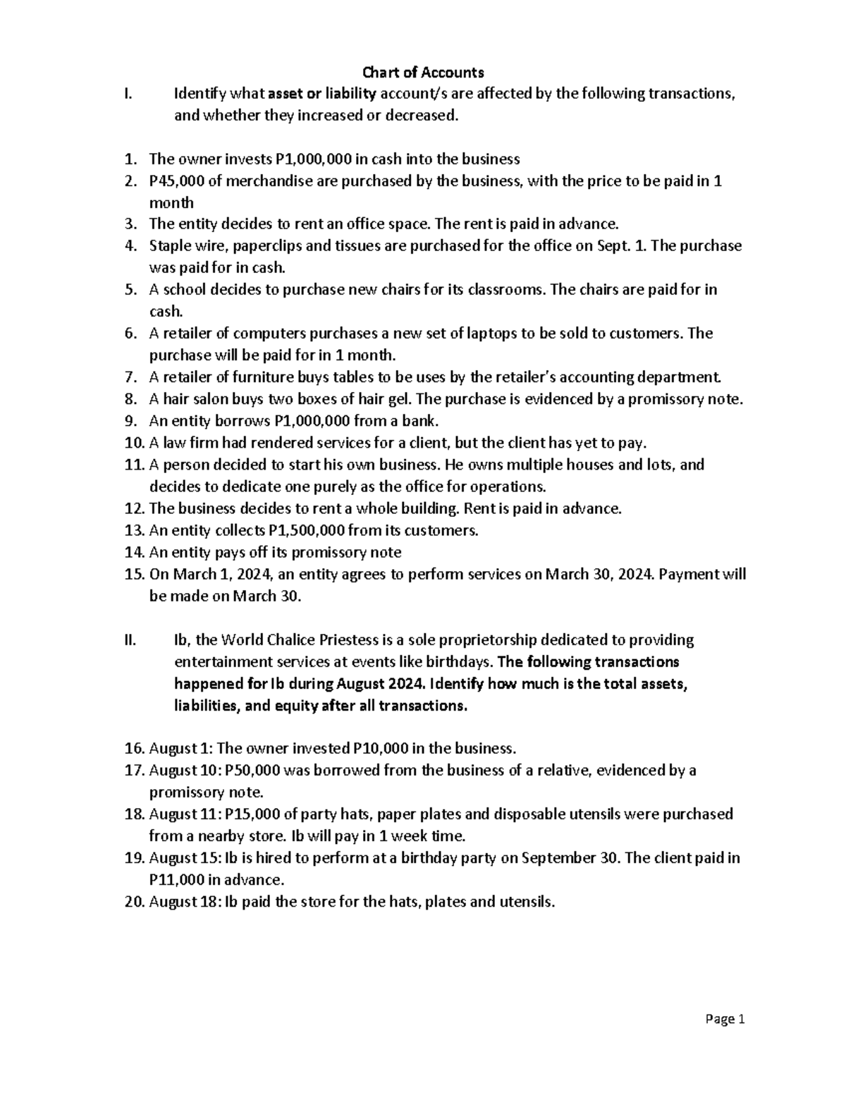 Chart of Accounts Practice: Asset & Liability Transactions Analysis ...