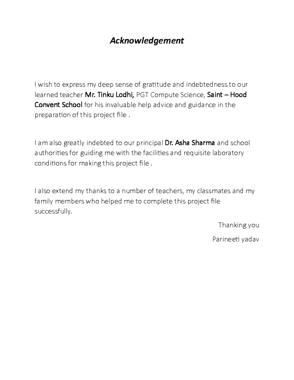 Acknowledgement for Practical File - No Problem Project - Studocu