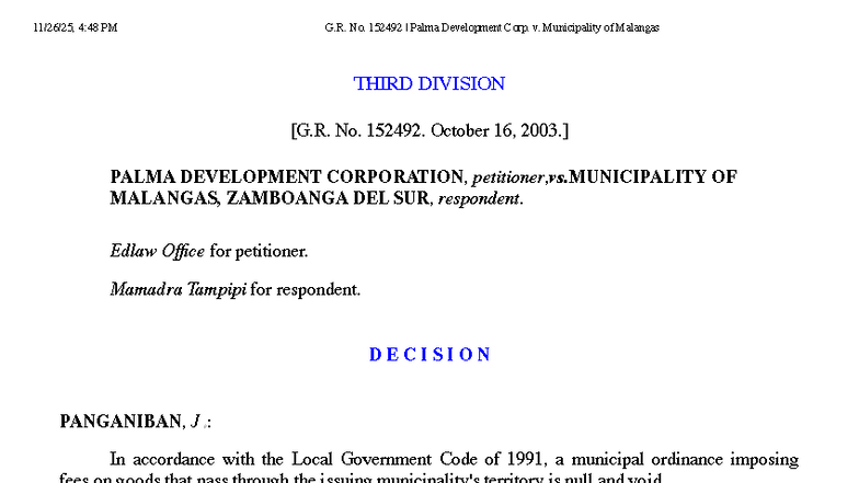 G.R. No. 152492: Palma Development Corp. v. Municipality of Malangas ...