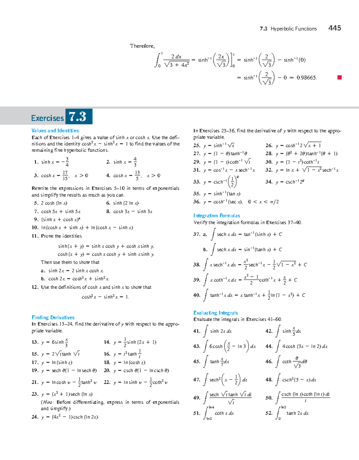 7.3 Hyperbolic Functions - Exercises & Derivatives (Thomas Calculus ...