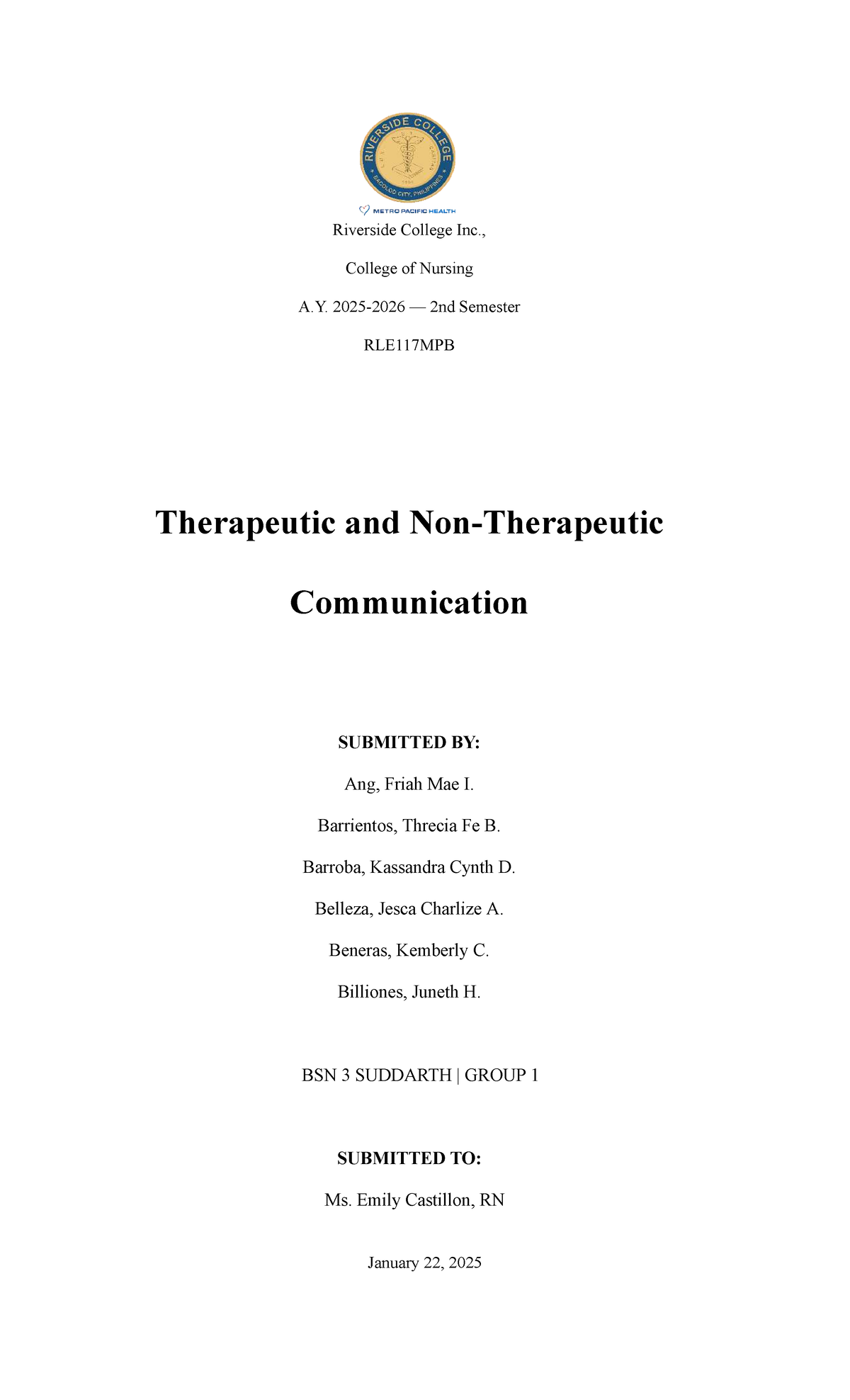 RLE117MPB Therapeutic vs Non-Therapeutic Communication Notes - Studocu