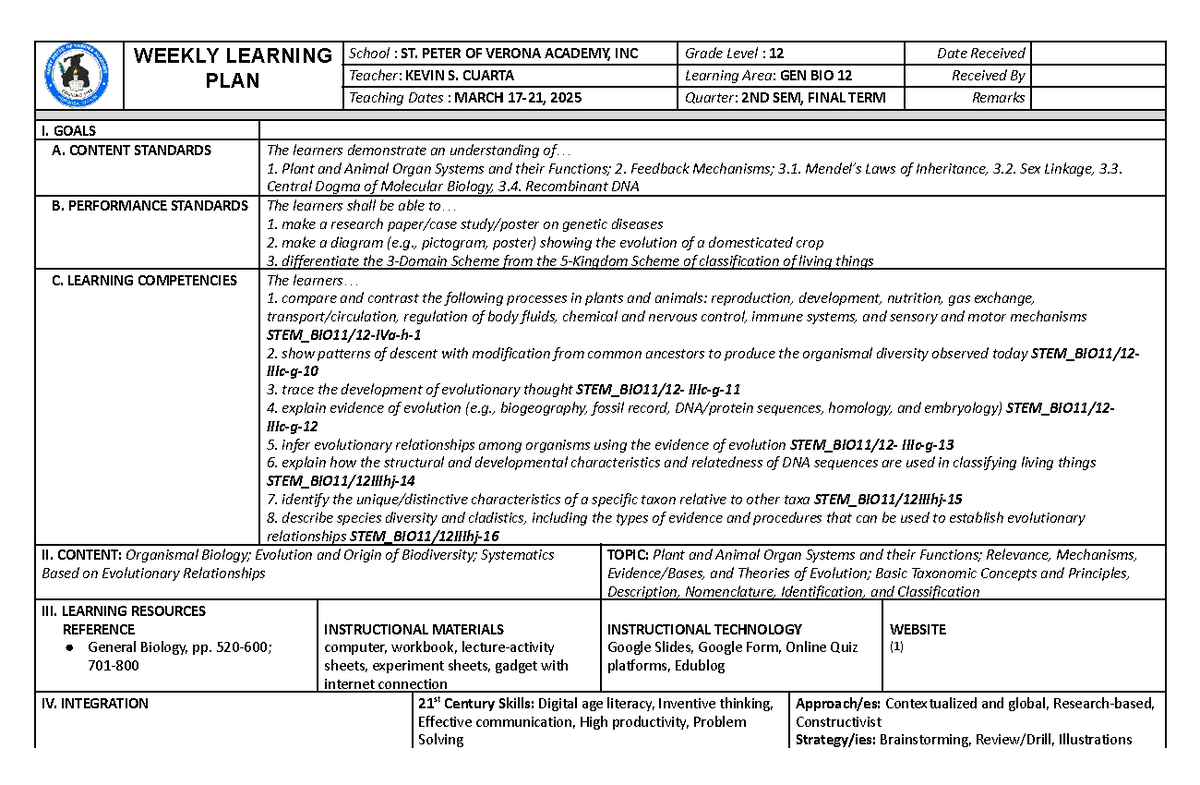General Biology 12 - Weekly Learning Plan (Mar 17-21, 2025) - Studocu
