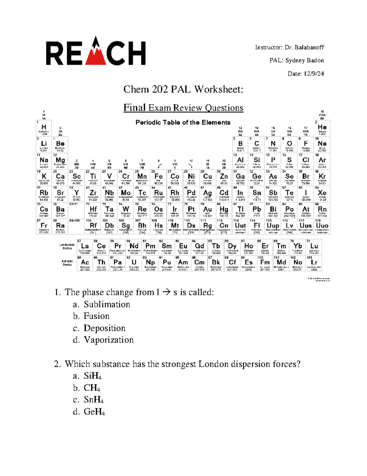 Chem 202 Final Exam Review Worksheet: Key Concepts & Questions - Studocu